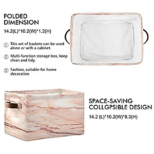 Gougeta Foldable Storage Basket with Handle, Stylish Pink Marble Rectangular Canvas Organizer Bins for Home Office Closet Clothes Toys 2 Pack