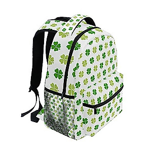 Backpack Patrick's Day Clover Leaves Shamrock Green White Daypack Shoulder Bag with Name Label Tag for Travel Hiking Casual Camping Sports Gym
