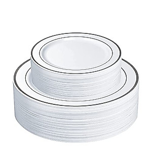 Comfy Package [60 Piece] Combo Silver Trim Plastic Plates - Premium Heavy-Duty 30 Disposable 10.25" Dinner Party Plates and 30 Disposable 7.5" Salad Plates