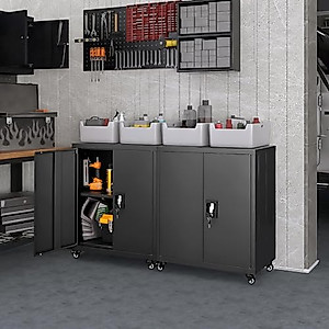 GREATMEET Metal Storage Cabinet with Locking Doors and Adjustable Shelves,31.5" H Steel Storage Cabinet with Wheels for Office,Home,Garage,Classroom Black