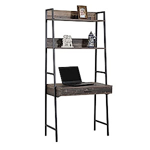 OS Home and Office ladder bookcase with desk, Rustic Planked Knotty Pine