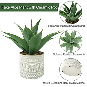 Hisow Artificial Potted Plants, 13.8" Artificial Succulent Fake Aloe, Large Faux Aloe Plant in Pot for Home Office Room Bathroom Garden Decor (White)