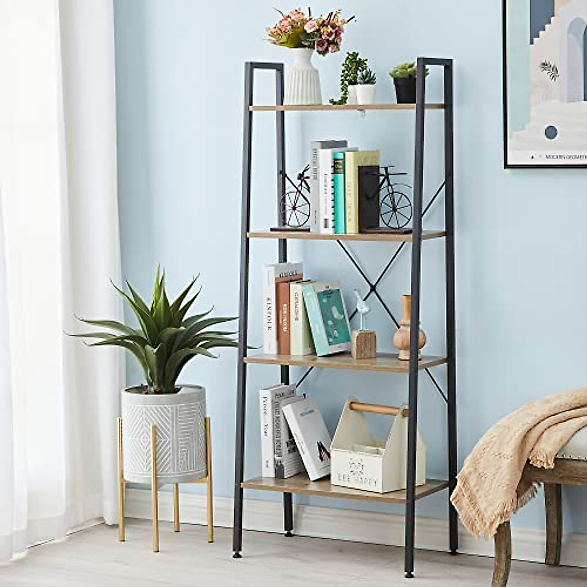 LuxenHome 4 Tier Ladder Bookshelf, 58'' Modern Leaning Bookshelf, Solid Real Wood Bookcase, Rustic Shelves with Industrial Metal Frame, Tall Wide Bookshelf Storage for Classroom, Light-Oak