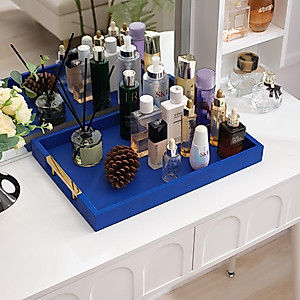 YAMILAN-17 x12 Serving Tray with Gold Polished Metal Handles,Decorative Tray for Coffee Table,Ottoman Tray for Living Room,Modern Elegant Rectangle Leather Trays for All Occasions/Devilfish/Blue