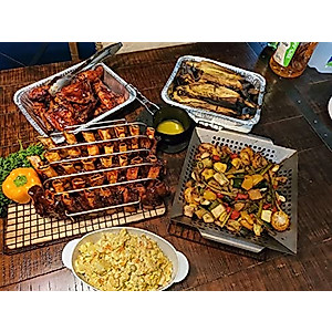 Large Rib Rack for Smoking - BBQ Rib Rack Gas Charcoal Smoker - Grilling Accessories - 304 Stainless Steel Roasting Stand With Tongs, Basting Brush Sauce Pan - Non Stick Grill Rack - Barbecue Rib Rack Holds 5 slab