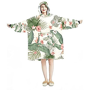 Flower and Leaf Pattern Wearable Blanket Hoodie,Oversized Hooded Blanket Sweatshirt