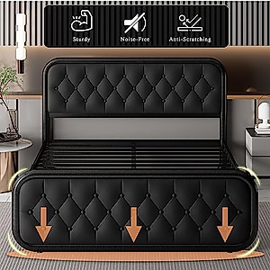 Feonase Queen Bed Frame with Rhombus Button Tufted, Oval-Shaped Metal Platform Bed with Faux Leather Headboard, Strong Slats Support, 12" Under-Bed Storage, Noise-Free, Easy Assembly, Black