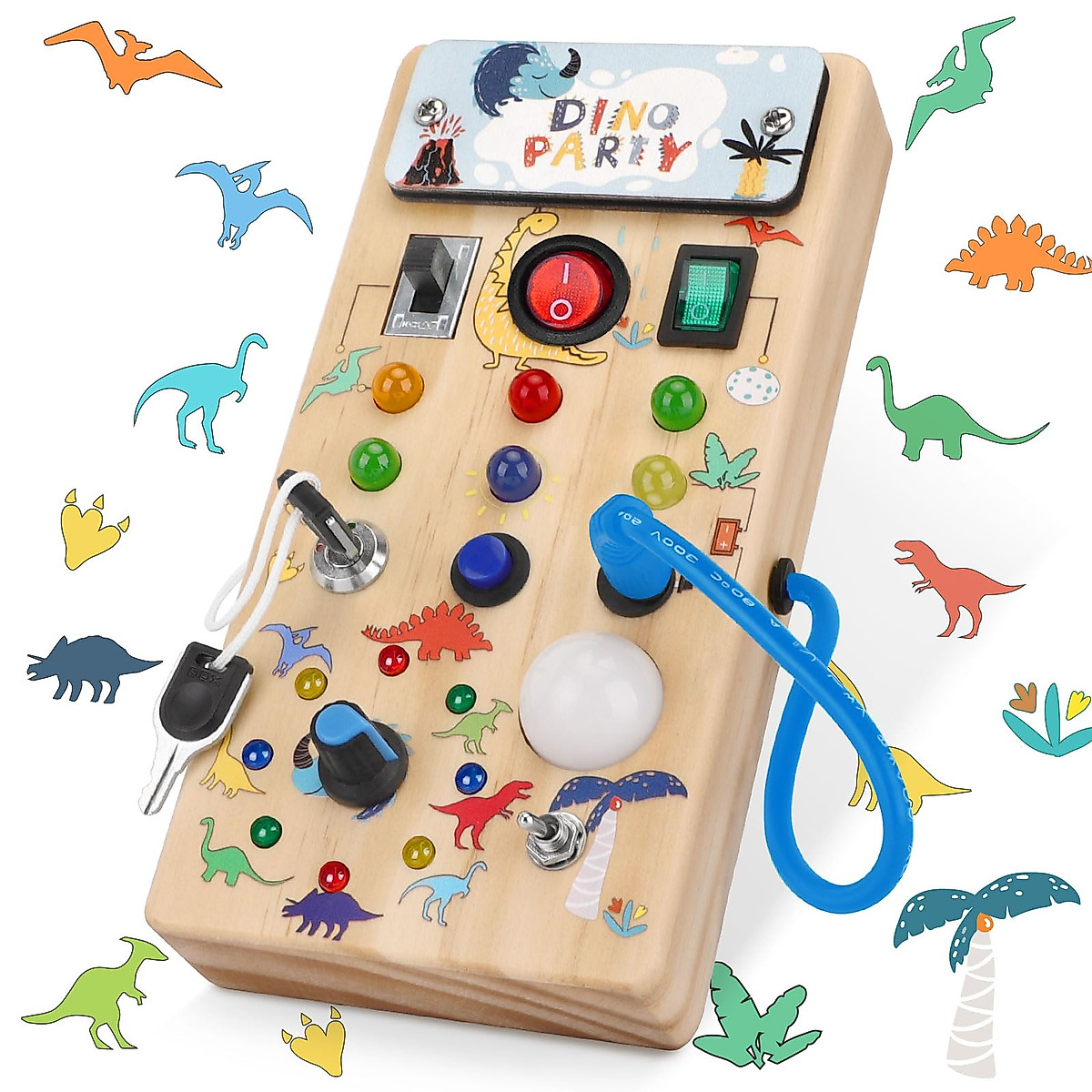 Dinosaur Light Switch Board - 8 LED Switches, Sensory Montessori Toy for 1+ Year Olds