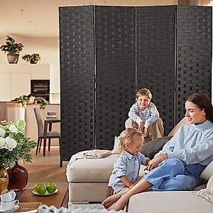 Room Divider, 6FT Wall Divider Wood Screen 4 Panels Wood Mesh Hand-Woven Design Room Screen Divider Indoor Folding Portable Partition Screen,Black