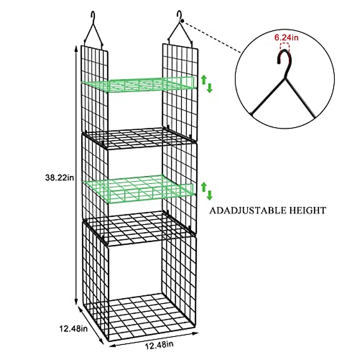 Yociyoga 5 Tier Closet Organizers and Storager, Adjustable Hanging Shelf Metal Wire Wardrobe Basket with 2 Sturdy Hooks for Bedroom, Livingroom (Black)