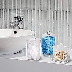 Protecu Qtip Holder Apothecary Jars Plastic Qtip Dispenser Clear Containers with Lids | Bathroom Canisters Makeup Organizer for Cotton Ball Swab Rounds Sponge Pad (3 Pack, 2 11 Oz 1 9 Oz)