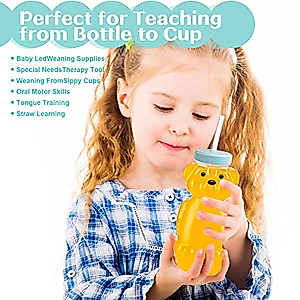 4 PCS Honey Bear Straw Cup, Baby Straw Cups with 8 Flexible Straws and 1 Straw Brushes, 8oz Special Supplies Juice Bear Bottle for Infant Feeding, Drinking Needs of Those with Poor Oral Health (Blue)