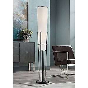 Possini Euro Design Flute Modern Torchiere Floor Lamp Standing 64" Sleek Satin Black Brushed Nickel Metal Tall White Tapering Cone Linen Shade for Living Room Reading House Bedroom Home Office