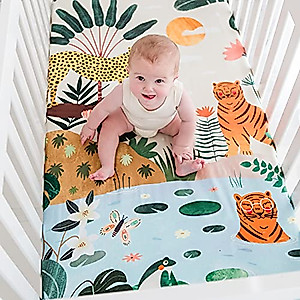 Rookie Humans 100% Cotton Sateen Fitted Crib Sheet: in The Jungle. Modern Nursery, Use as a Photo Background for Your Baby Pictures. Standard Crib Size (52 x 28 inches)
