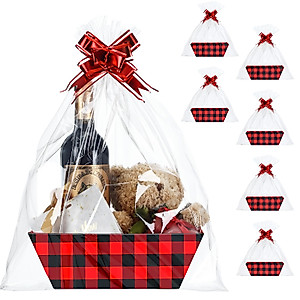 22 Pcs Basket for Gifts Empty Kit Includes 6 Pcs Gift Basket Empty to Fill 6 Pcs Clear Gift Bags 10 Pull Bows Market Tray Favor for Valentines Wedding Holiday Birthday Gift Package (Red Black Plaid)