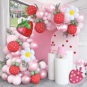 Pateeha Strawberry Balloon Arch Kit 12ft, Berry First Birthday Decor, Foil Daisy Balloons Strawberry Balloons Garland Kit for Strawberry Baby Shower Decorations