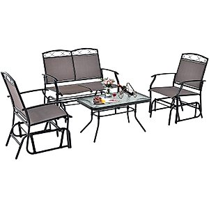 Tangkula 4 Pcs Patio Glider Set, Outdoor Gliding Loveseat w/Tempered Glass Coffee Table, Heavy-Duty Patio Furniture Set for Backyard, Porch, Poolside (4 PCS Patio Glider Set)