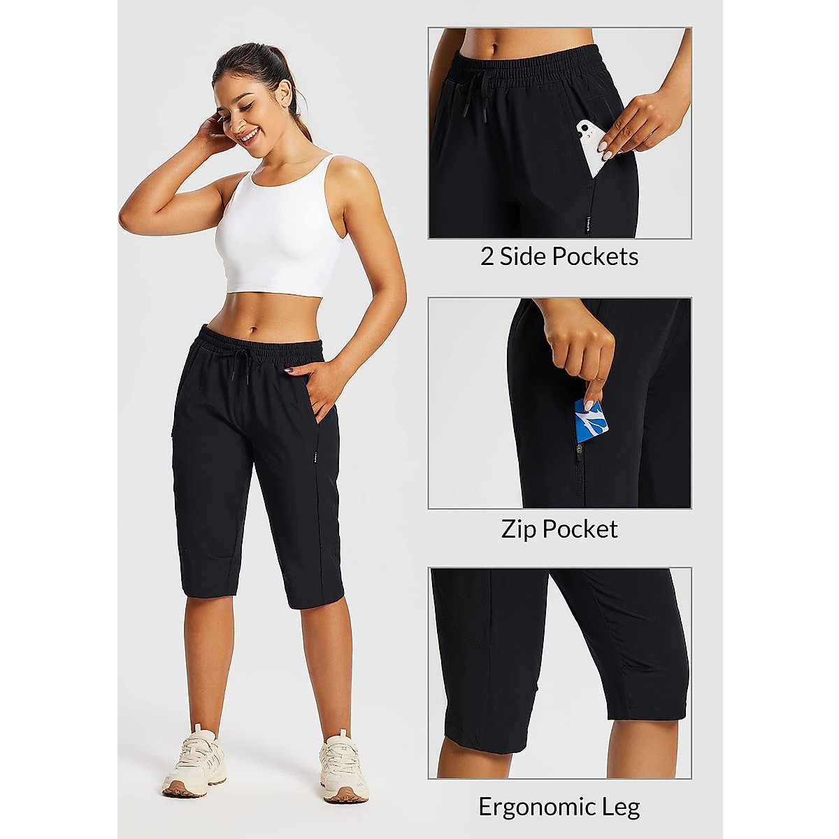 BALEAF Women's 15" Long Shorts Below The Knee Capri Hiking Cargo Shorts Lightweight Quick Dry Elastic Waist for Casual Black L