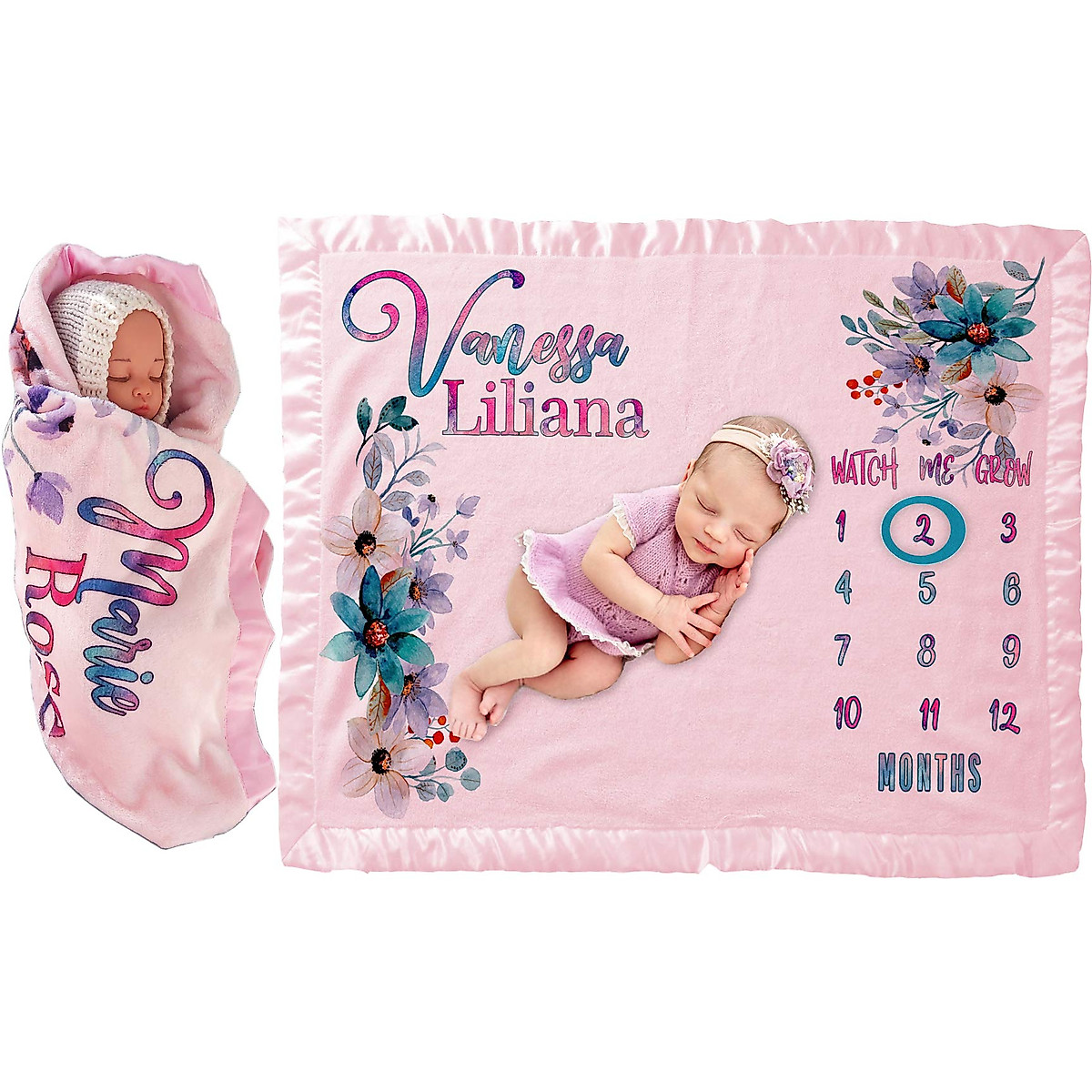 Personalize It Milestone Baby Blanket (Pink, 40 x 30) Custom Baby Girl Name Luxe Satin Trim Edge Double Sided Polar Fleece