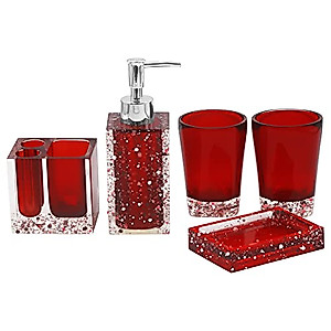 LUANT 5-Piece Resin Bathroom Accessory Set with Soap Dish, Dispenser, Toothbrush Holder and Tumbler, Red