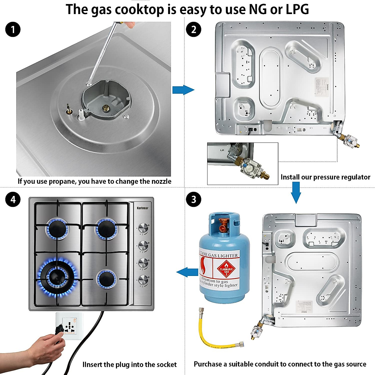 Karinear 24 Inch Gas Cooktop Gas Stove 4 Burners, Built-in Stainless Steel Gas Hob, NG/LPG Dual Fuel Gas Stovetop with Thermocouple Protection for Apartments, Indoor (Come with Pressure Regulator)