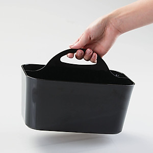 mDesign Small Plastic Shower/Bath Storage Organizer Caddy Tote with Handle for Dorm, Shelf, Cabinet - Hold Soap, Shampoo, Conditioner, Combs, Brushes, Lumiere Collection, Black