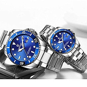 MASTOP Couple Watches Classic Golden Stainless Steel Watch His and Hers Waterproof Quartz Watch (Silver Blue)