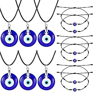 Hicarer 6 Set Evil Eye Bracelet and Necklace Kit, 6 Pieces Amulet Lucky Bracelets with Card, 6 Pieces Evil Eye Pendant Necklaces Turkish Blue Necklace for Women Men Girls Boys