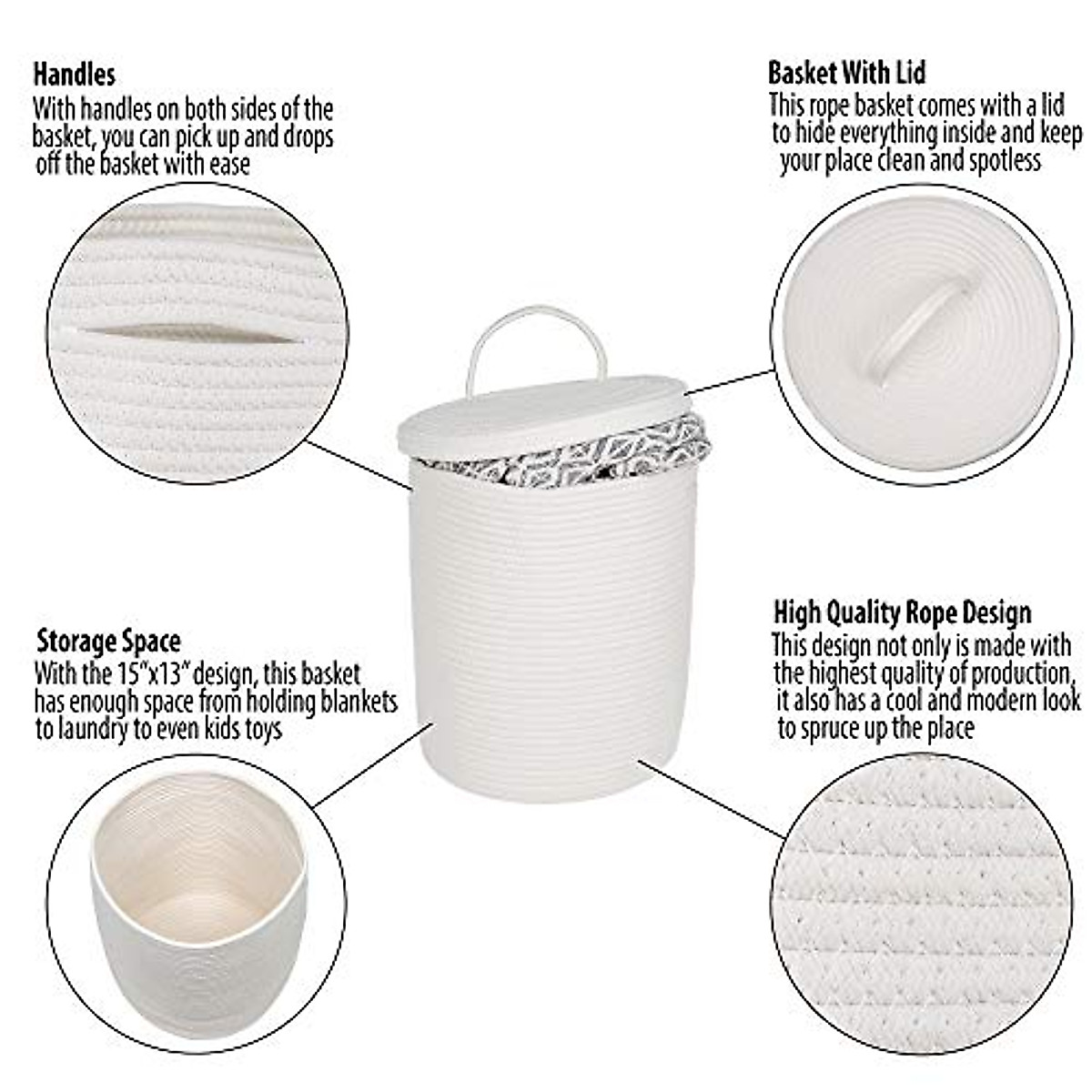 Cotton Rope Storage Basket with Lid | Large Woven Baskets and Handles 15" x 13" | for Nursery, Laundry, White Round Hamper, Home Living Room Floor, Toy Organizing bins, Blanket, Pillow and Big