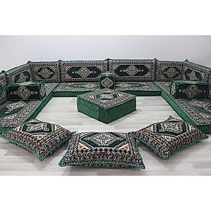 U Shaped Arabic Sofa Set, Arabic Majlis, U Shaped Living room sofas, Floor Couch, Indoor Floor Sofas, Floor Cushions, Floor Pillow, Cozy Sofa (U Sofa + Ottoman + Pillows)