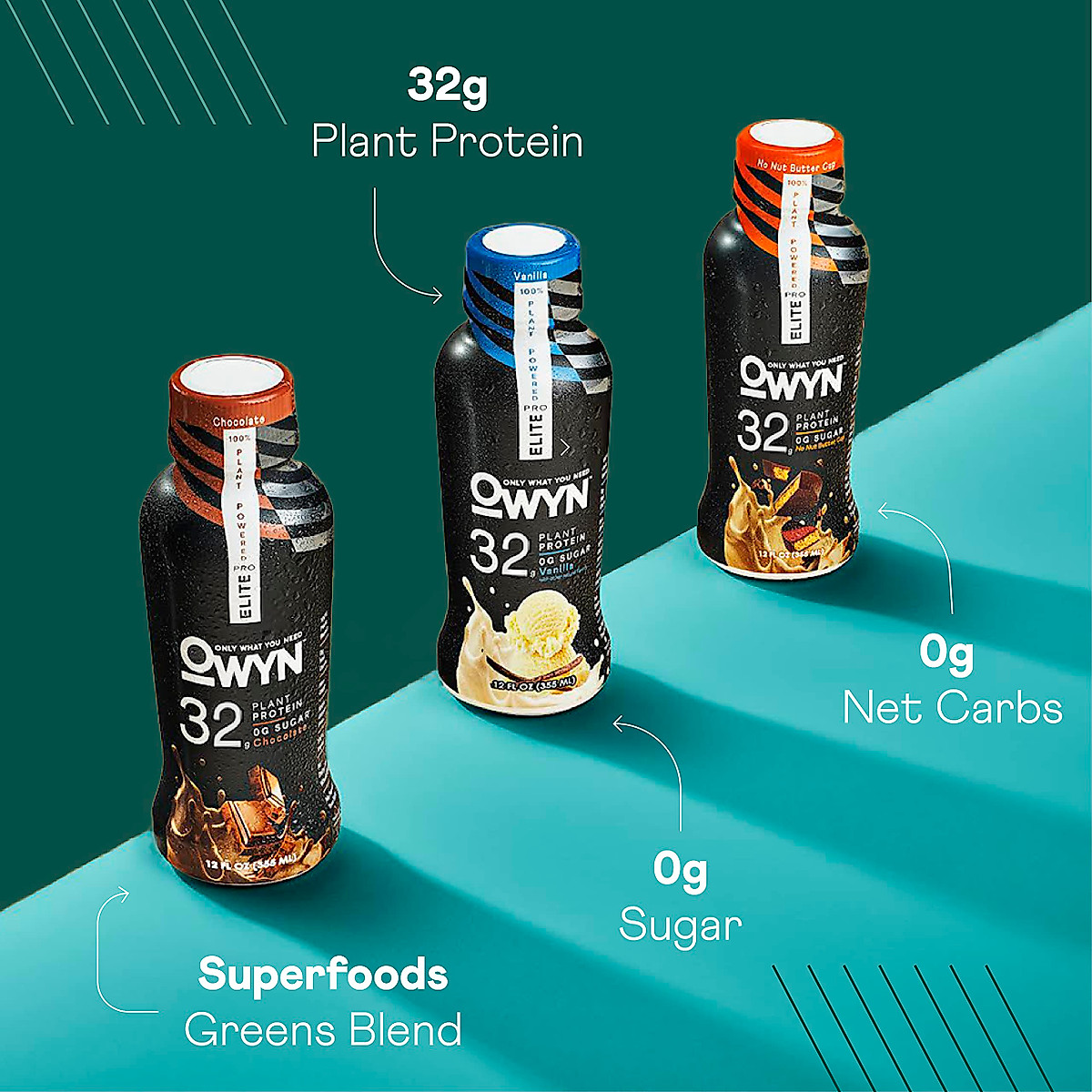 OWYN Only What You Need Pro Elite Vegan High Protein Keto Shake, 32g Protein, 9 Amino Acids, Omega-3, Prebiotics, Workout and Recovery, 0g Net Carbs, Zero Sugar (Variety, 12 Fl Oz (Pack of 12))