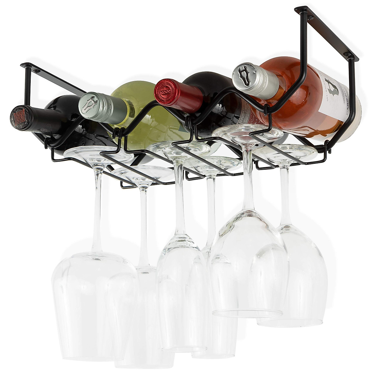 Wallniture Piccola Under Cabinet Wine Rack & Glasses Holder Kitchen Organization with 4 Bottle Organizer Metal Black