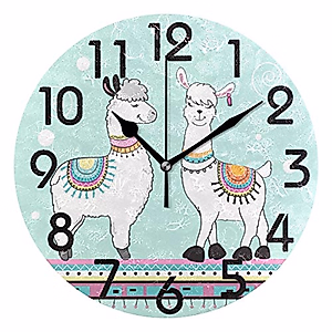 Naanle Trendy Boho Cute Couple Cartoon Llama Round Wall Clock, 9.5 Inch Battery Operated Quartz Analog Quiet Desk Clock for Home,Kitchen,Office,School