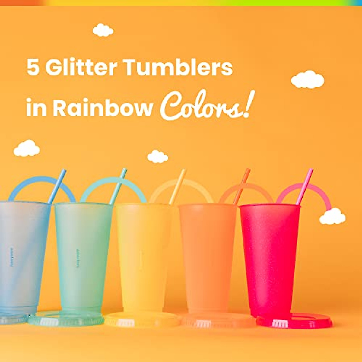 Cups with Lids and Straws for Adults - 5 Glitter Reusable Cups with Lids and Straws in Rainbow Colors, 24 oz Iced Coffee & Bulk Party Tumblers, Plastic Tumbler with Lid and Straw for Water & Smoothie