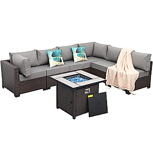 Rattaner 7 Pcs Outdoor Sectional Patio Couch 50000 BTU Wicker Propane Fire Pit Table Outdoor Furniture Set with 30 Inches Fire Pit with No-slip 5" Cushions and Waterproof Covers, Grey