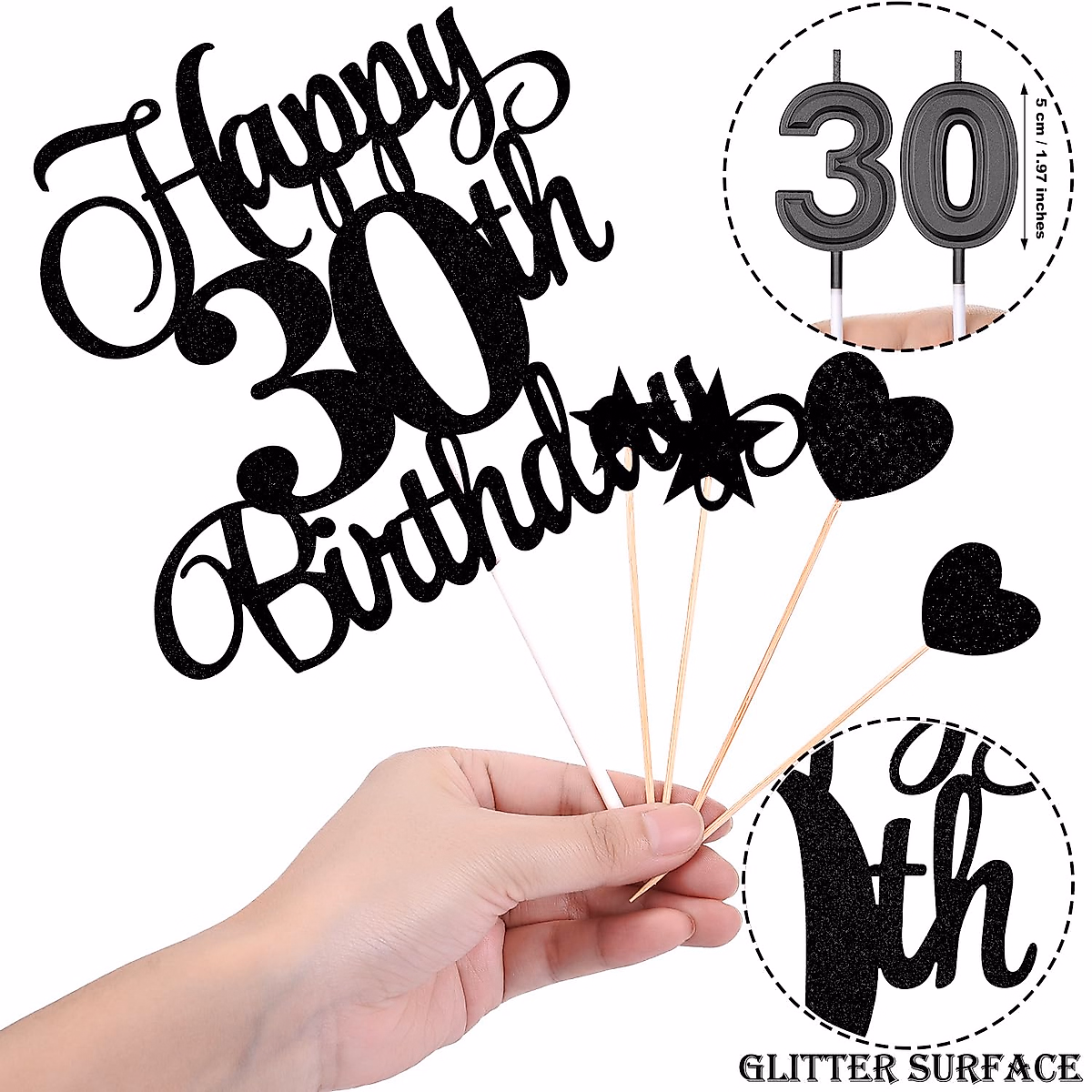 30th Birthday Cake Decorations Set Include 30th Birthday Candles Numeral 30 Cake Candles and Happy 30th Birthday Cake Toppers with Heart Star Cupcake Picks for Birthday Party (Black Series)