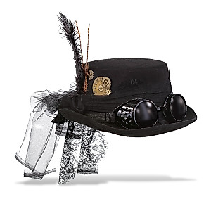 Attitude Studio Fedora Steampunk Hat with Goggles, Feathers, and Gears - Black