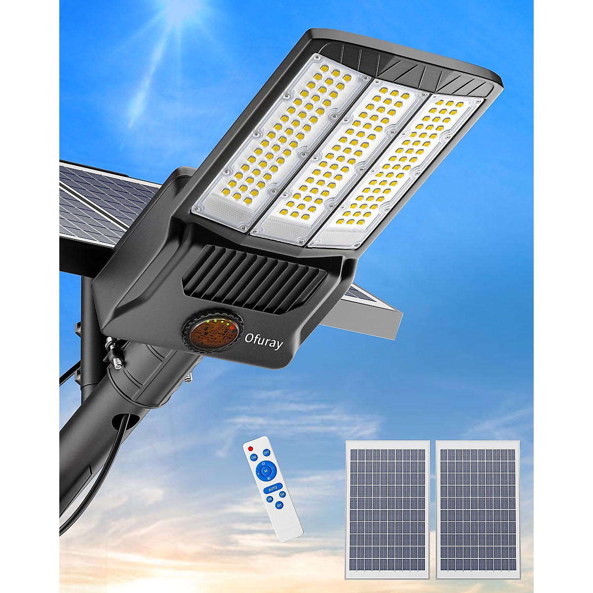 Ofuray 4600W and 7500W Solar Street Light Outdoor Waterproof,Solar Parking Lot Lights Commercial Dusk to Dawn, 6500k IP67 Street Led with Remote Control for Street,Court,Barn