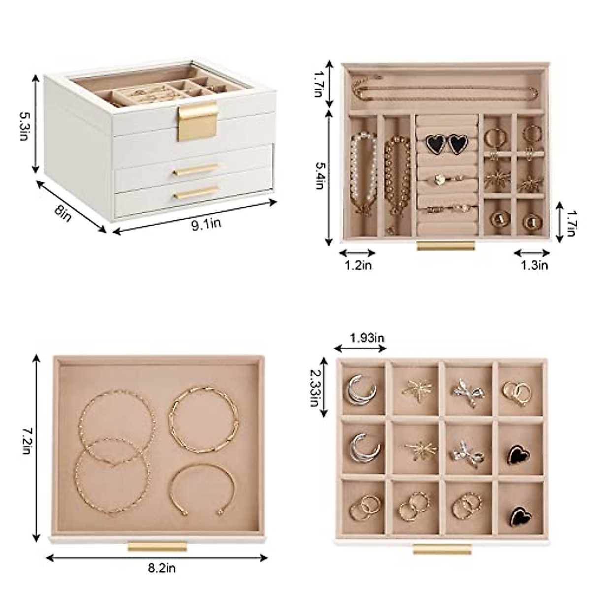 Somduy Jewelry Box Organizer for Women,3 Layers Jewelry Storage Display Box with Glass Lid,Gift for Christmas,3 Drawers,Large Capacity for Necklace Earrings Bracelets Rings,White