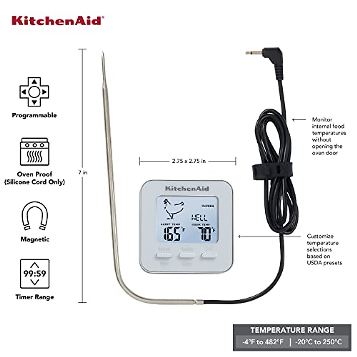 KitchenAid KQ906WH Programmable Wired Probe Thermometer White, Temperature Range: -40F to 482F/-40C to 250C, White