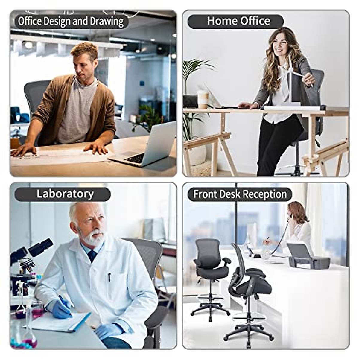 LONGBOSS Drafting Chair Mesh Computer Tall Office Chair, Standing Desk Stool with Lumbar Support Pillow, Height Adjustable Armrest and Adjustable Foot Ring (Black)