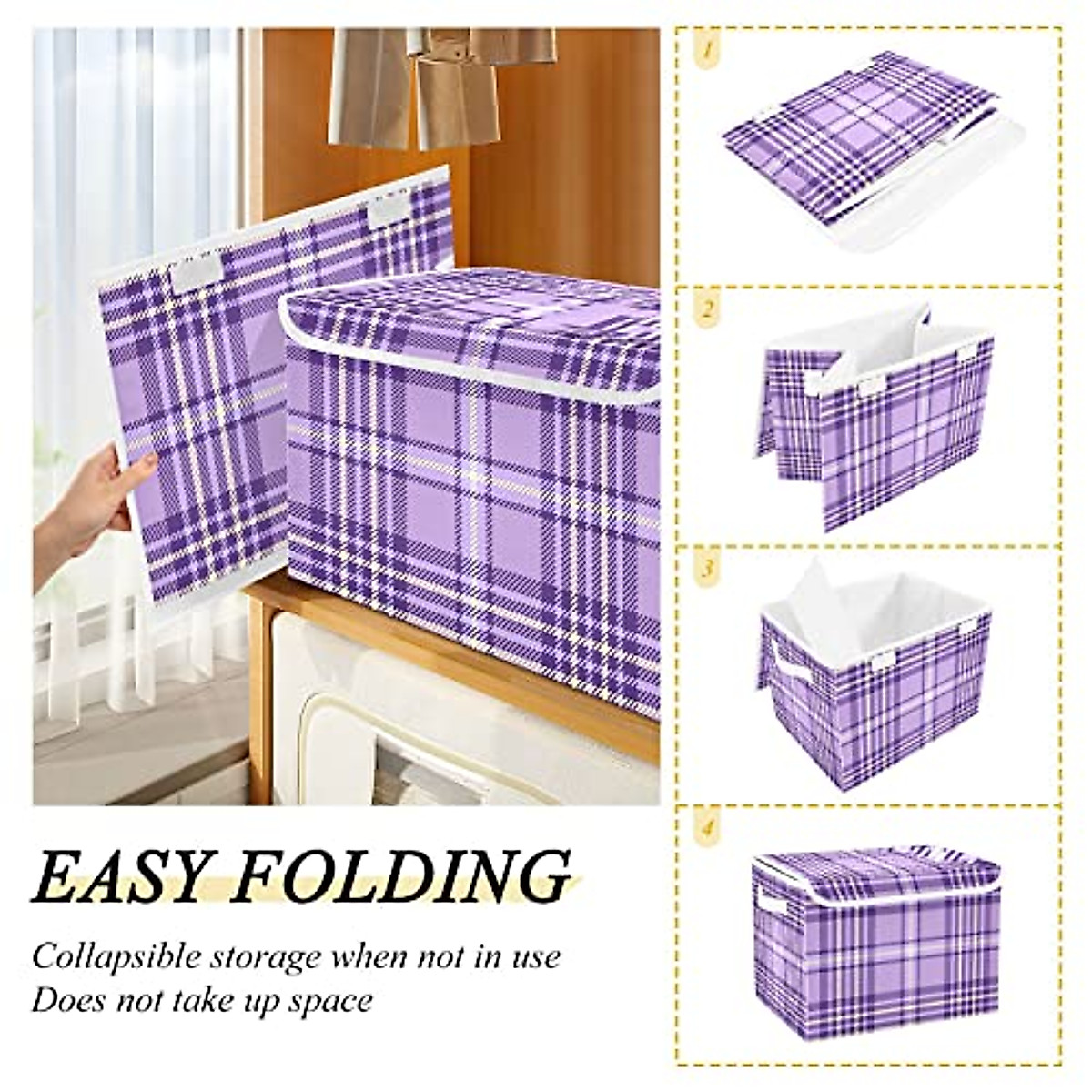 Kigai Storage Basket Purple Square Plaid Storage Boxes with Lids and Handle, Large Storage Cube Bin Collapsible for Shelves Closet Bedroom Living Room, 16.5x12.6x11.8 In