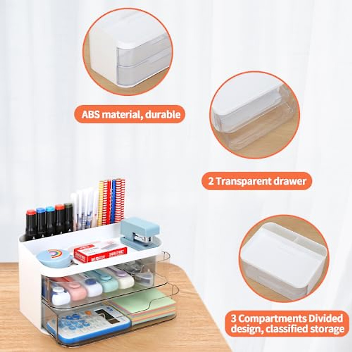 LETURE Desk Organizer with 2 Drawer, Plastic Desktop Storage Organizer Pencil Card Holder Box Container for Desk, Office School Home Supplies, Vanity Table (White)