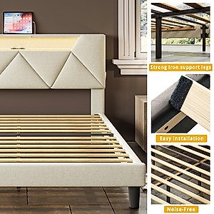 ANCTOR Twin Bed Frame with Storage Headboard and Charging Station, LED Lights Upholstered Platform Bed, Heavy Duty Steel Support Legs, Easy Assembly, Noise Free, Beige