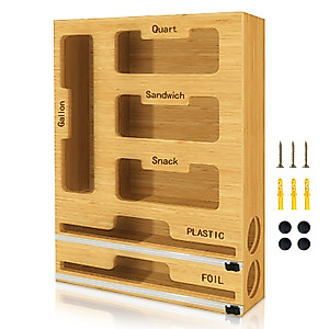 Ziplock Bag Organizer & Foil and Plastic Wrap Organizer with Cutter, 6 IN 1 Plastic Wrap Dispenser & Plastic Bag Organizer, Kitchen Bag Storage for Gallon, Quart, Sandwich, Snack, Bamboo