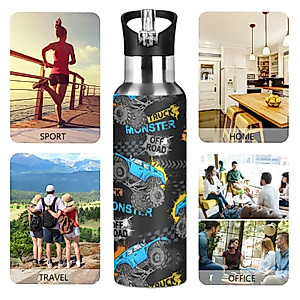 Wusikd Monster Truck Water Bottle with Straw Lid Double Wall Car Thermos Bottle Vacuum Insulated Flask Stainless Steel Water Bottle for Gym Outdoor 20 OZ