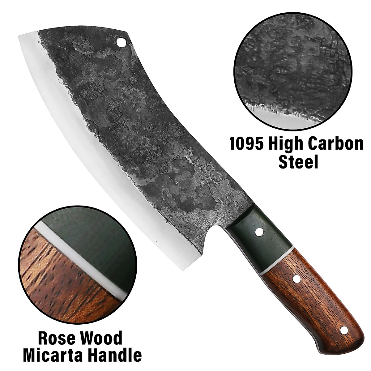 TheMohrim Full Tang Butcher Knife: Premium Meat Cutting Chopper - The Ultimate Chef's Choice for Dicing & Mincing (Rose Wood Micarte Handle)