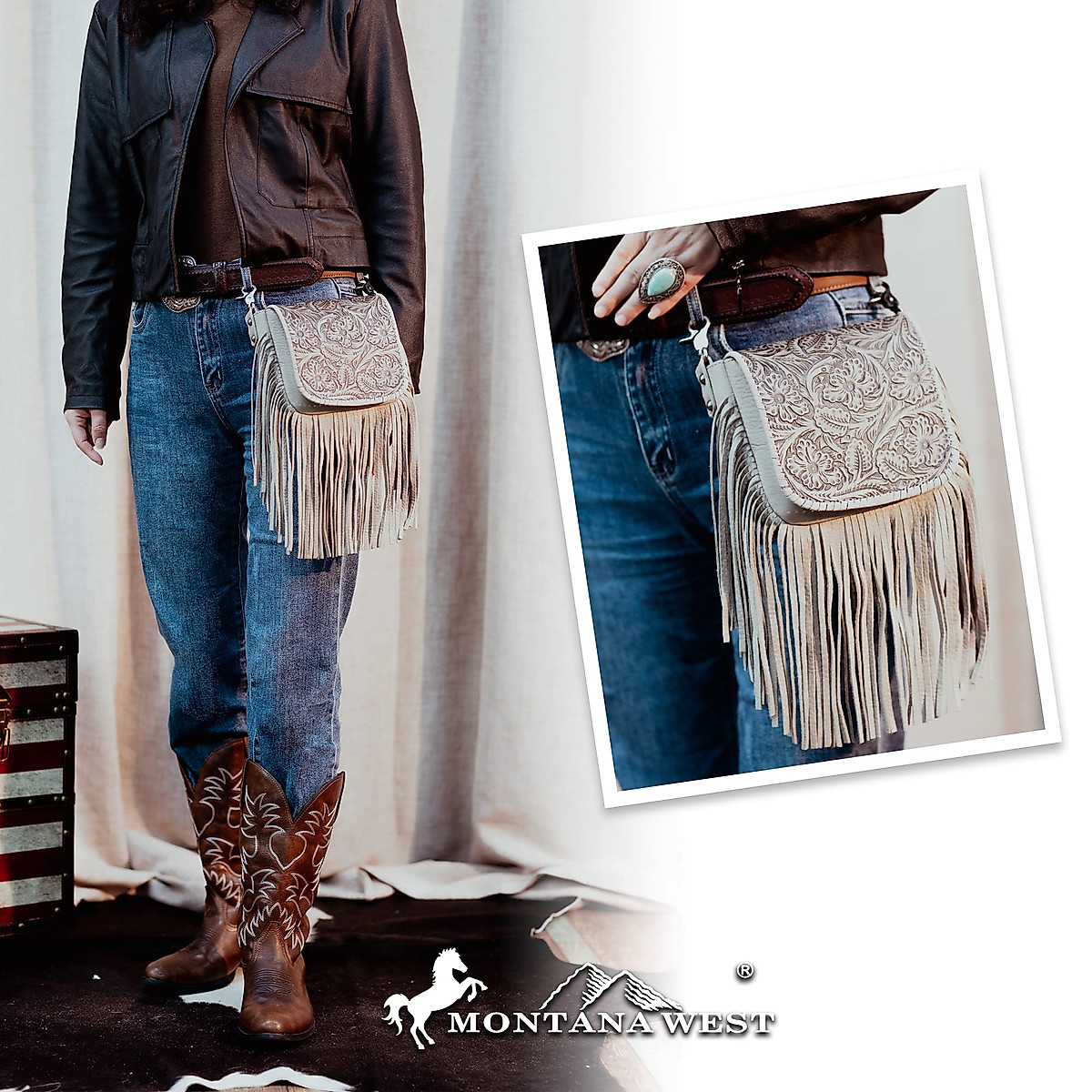 Montana West Women's Floral Tooled Leather Fringe Crossbody Handbag