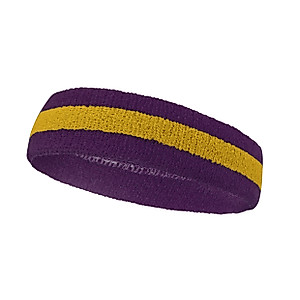 COUVER 2 Color Stripe Terry Sports Headband (1 Piece), Golden Yellow/Purple
