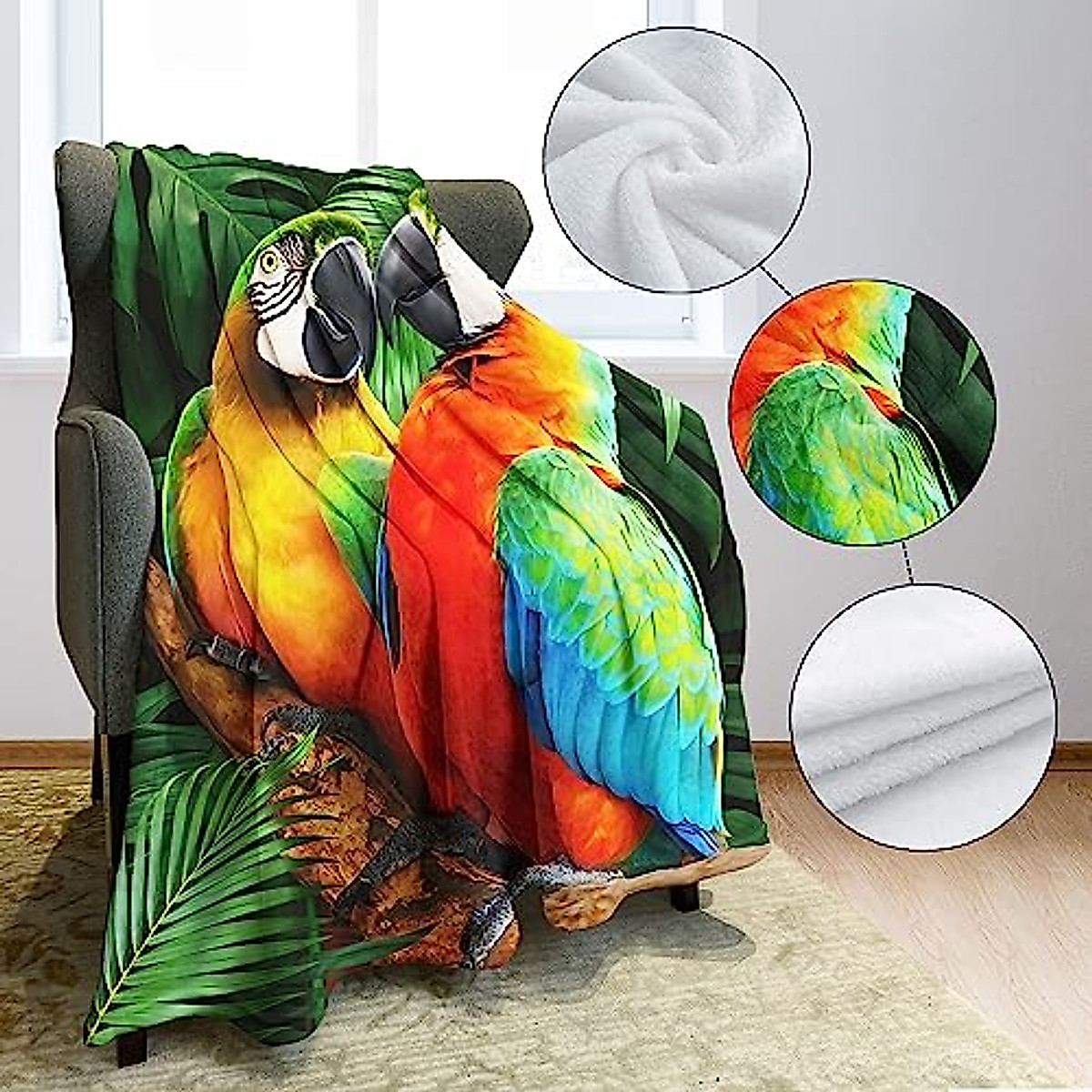 Rstick Parrot Blanket Leaves Birds Macaws Fleece Blanket Soft Fuzzy Plush Throw Blankets for Couch Bed 60"x80"